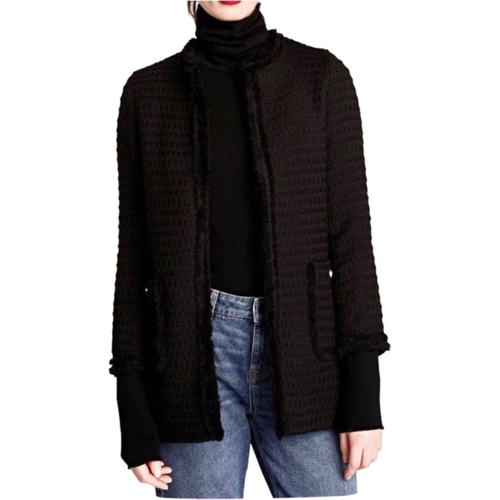 Zara Long Tweed Jacket Textured Boucl Frayed Trim Fro… - Gem